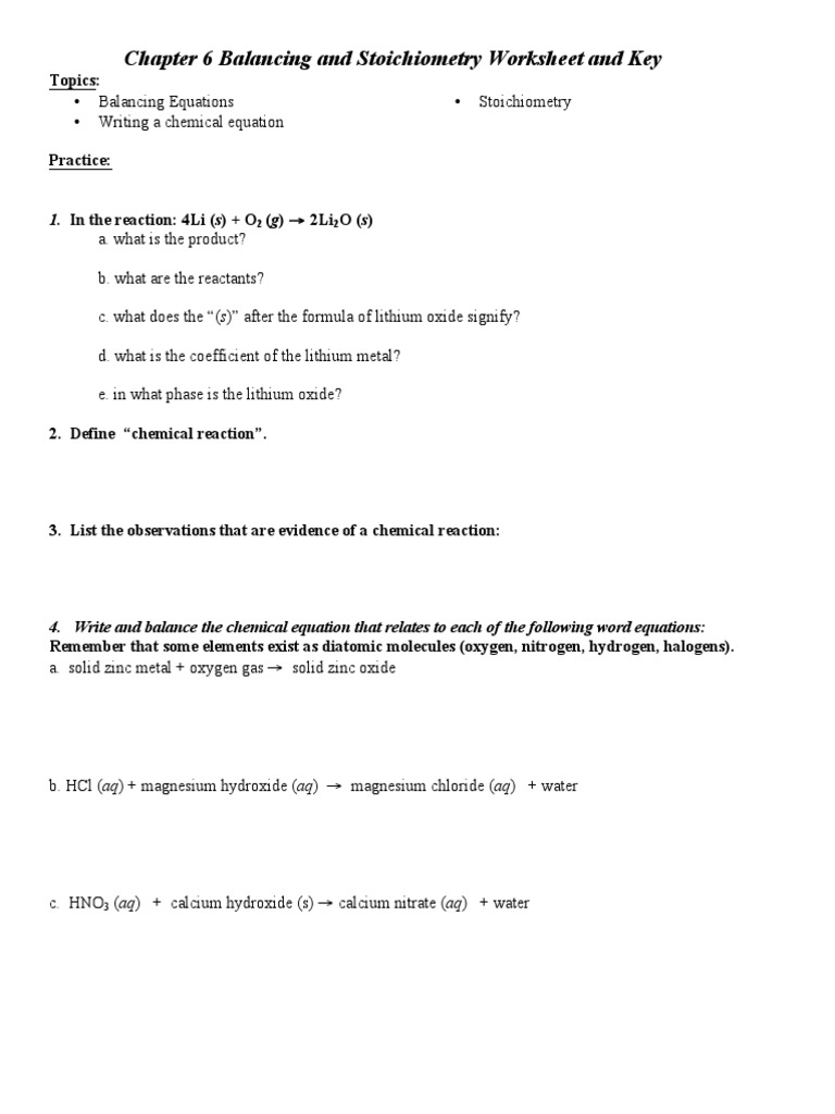 Chapter 6 Balancing Stoich Worksheet and Key | PDF | Stoichiometry ...