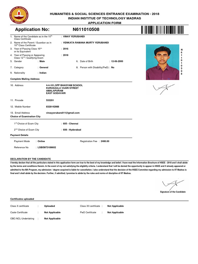IIT HSEE Sample Application Form | PDF | Behavior Modification