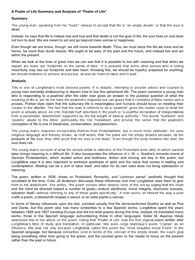 A Psalm of Life Summary and Analysis of | PDF | Henry Wadsworth ...