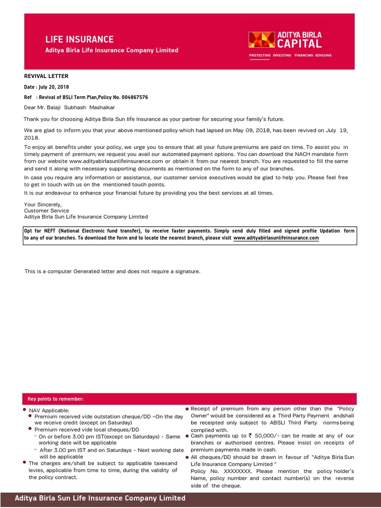 Aditya Birla Life Insurance Company Limited | PDF | Identity Document | Cheque