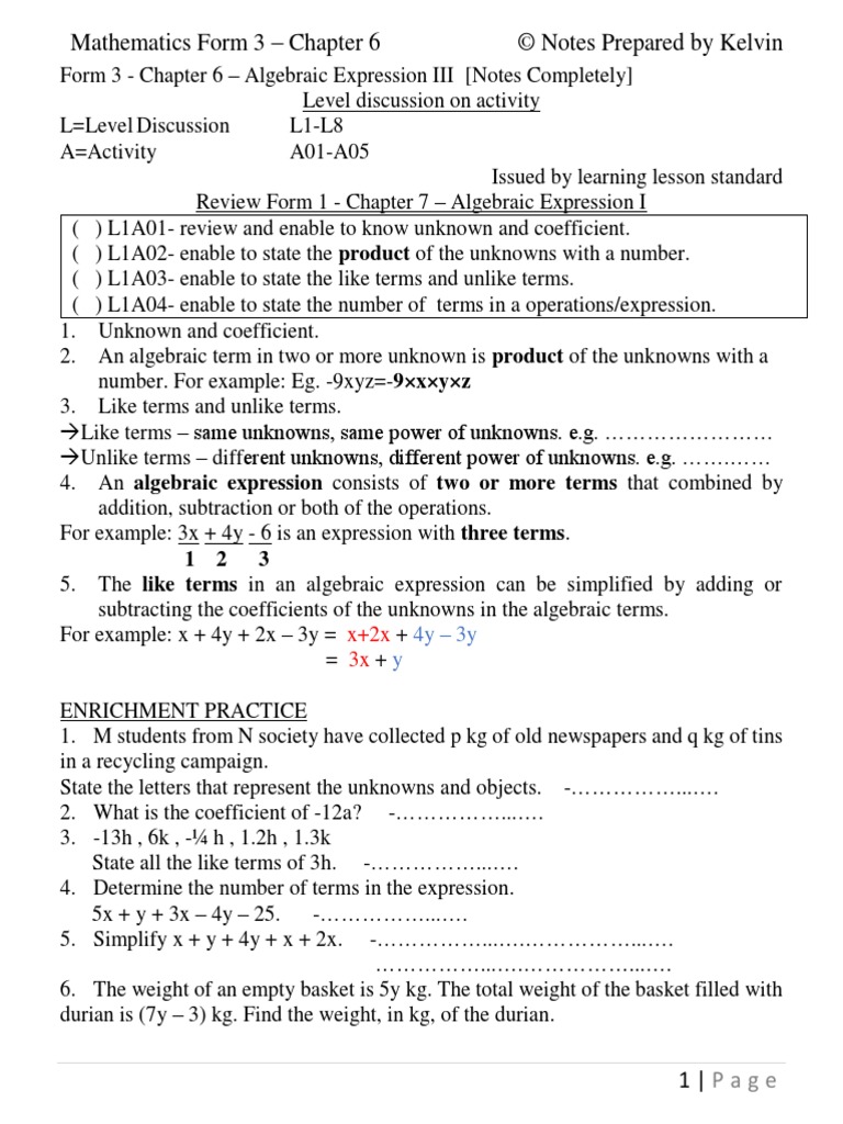 Mathematics-Form 3-Chapter 6 Algebraic Expression III by Kelvin | PDF ...
