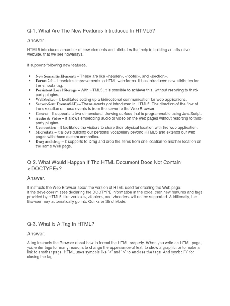 Q-1. What Are The New Features Introduced in HTML5? Answer | PDF | Html ...