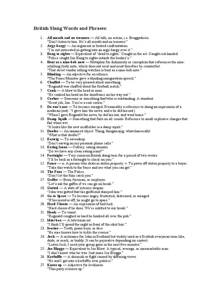 Common British Slang Explained | PDF | Trousers | Linguistics
