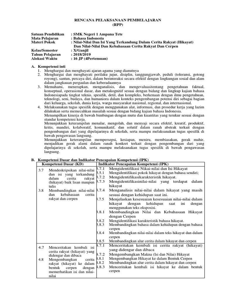 RPP 4. Cerita Rakyat Dan Cerpen. | PDF