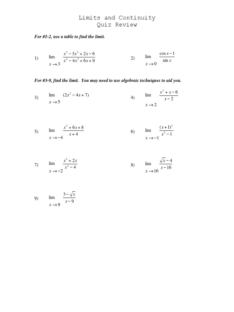 Limits Quiz Review | PDF | Continuous Function | Calculus
