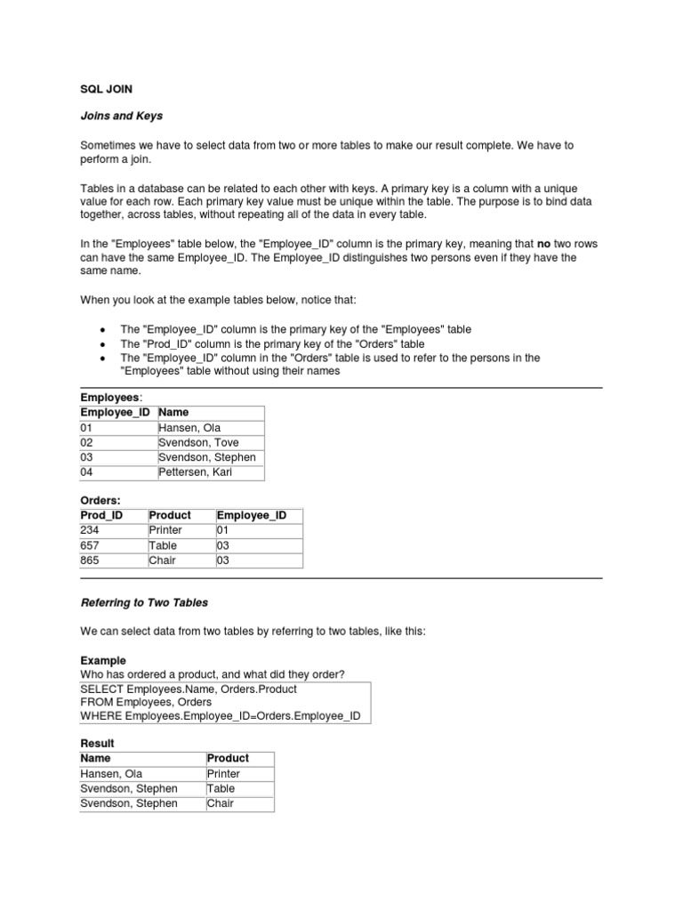 Joins and Keys: SQL Join | PDF | Table (Database) | Databases