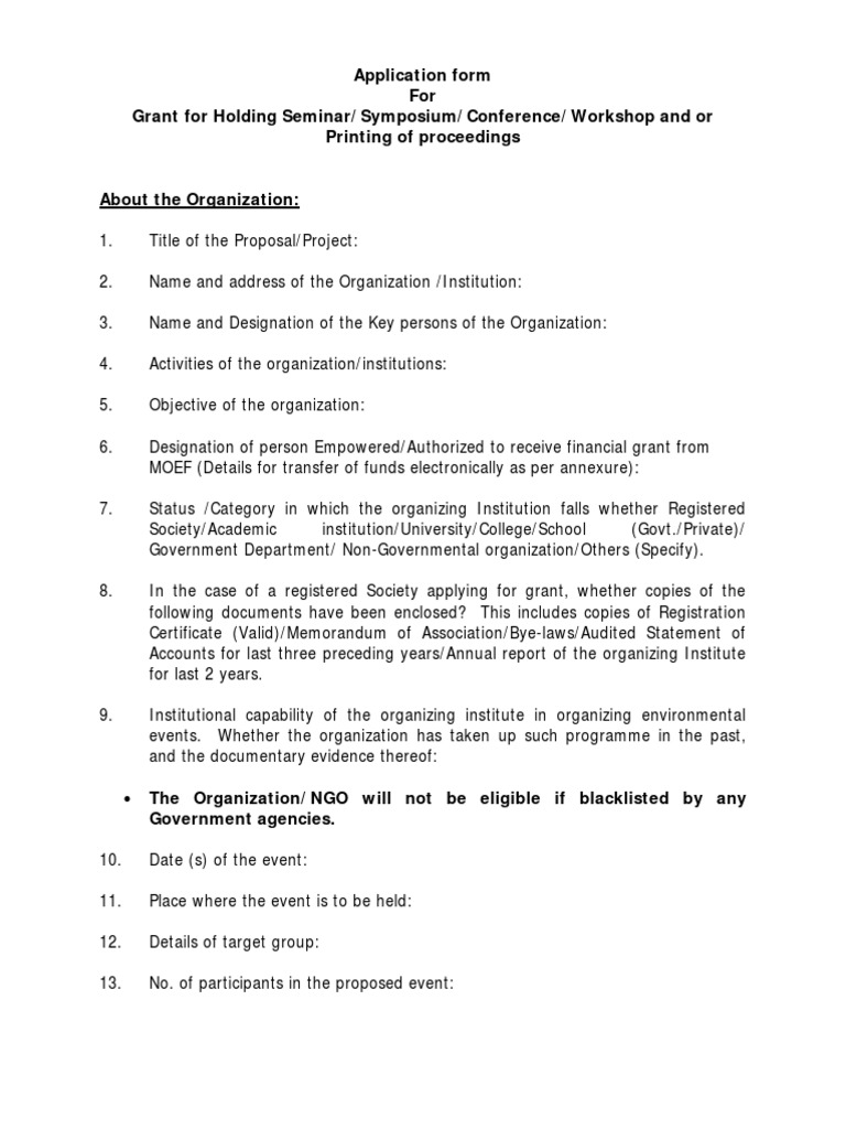 Application Form For Grant For Holding Seminar/Symposium/Conference ...
