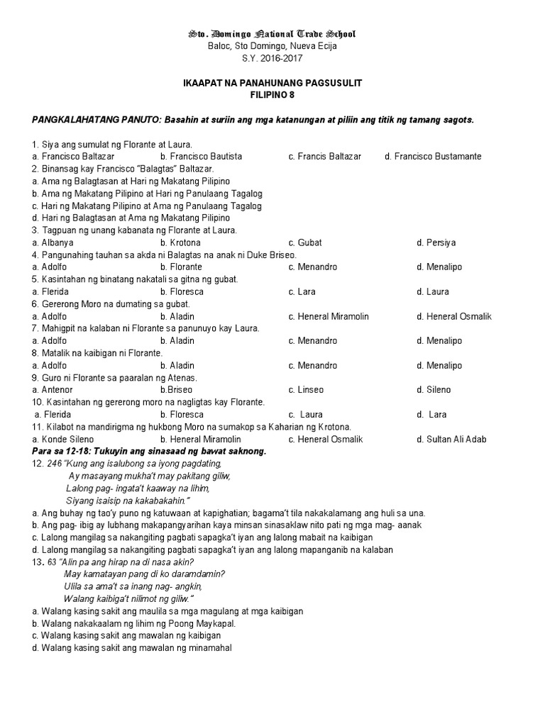 4th Grading Exam FILIPINO | PDF