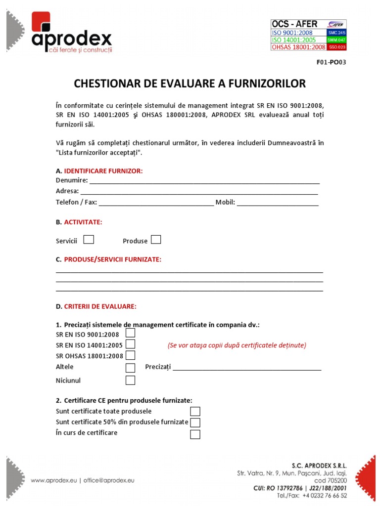 Chestionar Evaluare Furnizori PDF | PDF