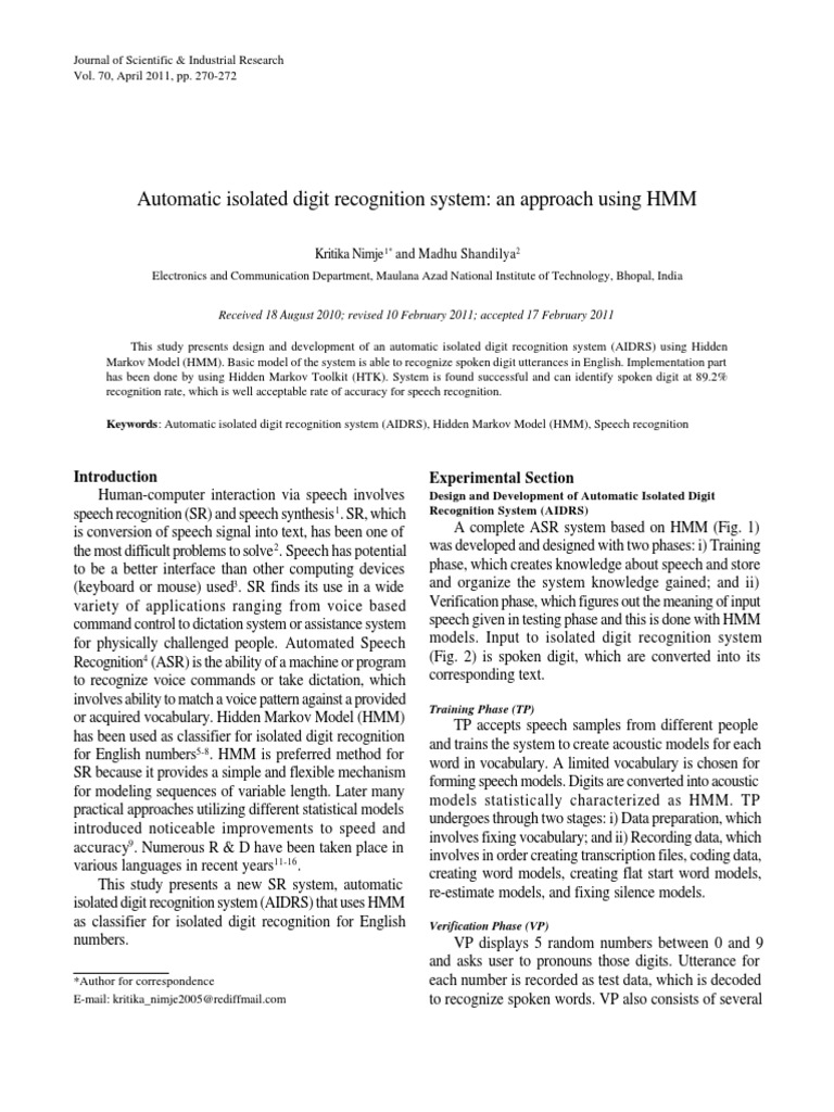 Automatic Isolated Digit Recognition System Using Hidden Markov Models: An Approach for ...