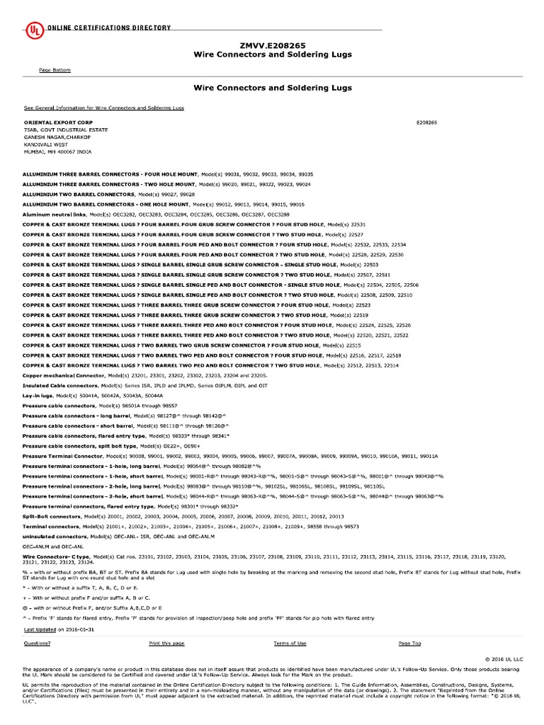 (UL) ZMVV.E208265 - Wire Connectors and Soldering Lugs | PDF