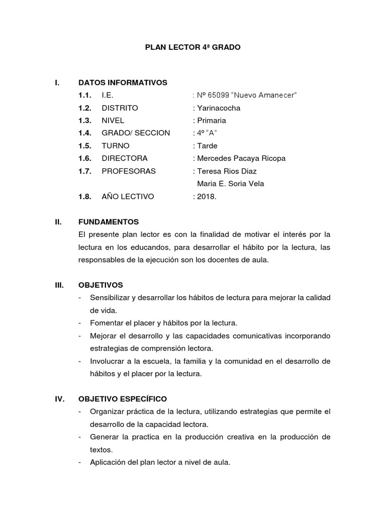 Plan Lector para Cuarto Grado | PDF | Lectura (proceso)