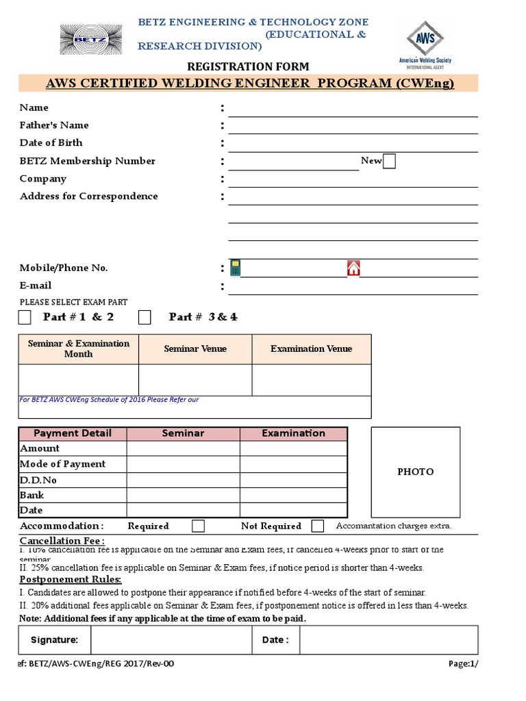 AWS Welding Exam Registration Form | PDF