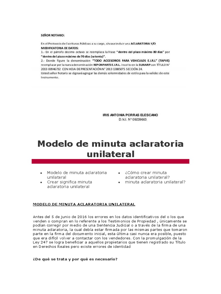 Modelo de Minuta Aclaratoria Unilateral | PDF | Propiedad | Justicia Modelo de Minuta Aclaratoria Unilateral | PDF | Propiedad | Justicia