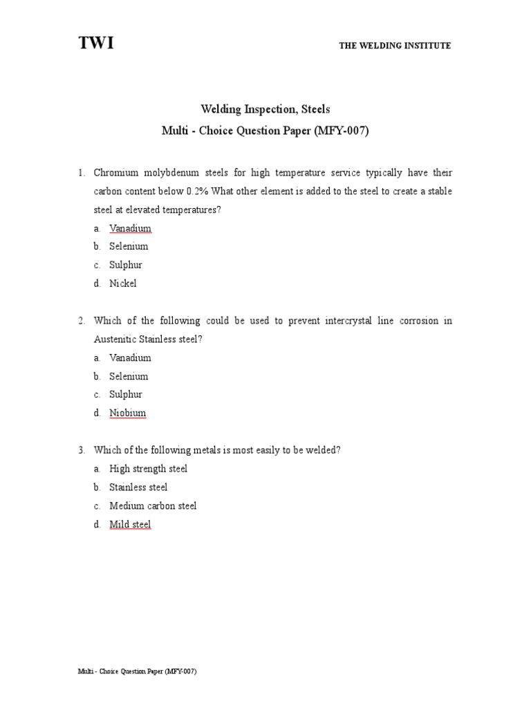 Welding Inspection, Steels Multi - Choice Question Paper (MFY-007 ...