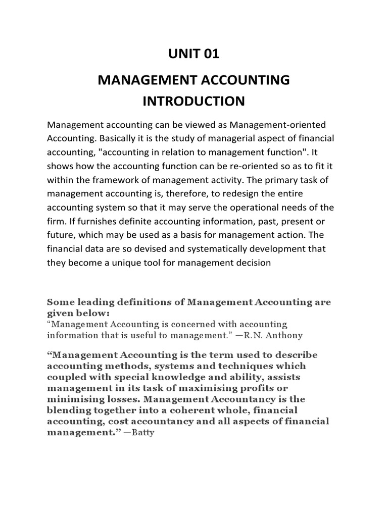 Management Accounting (Unit 01) | PDF | Management Accounting | Cost ...