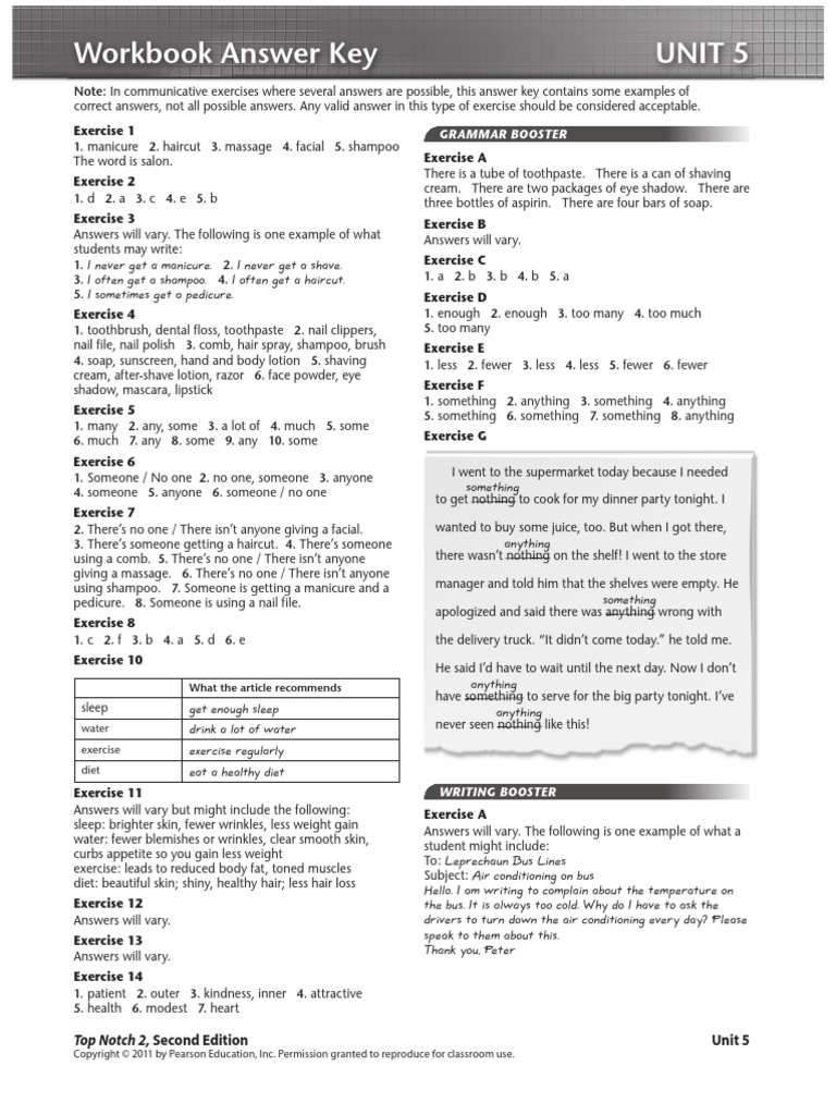 Workbook Answer Key Unit 5: Grammar Booster | PDF | Shaving | Dieting