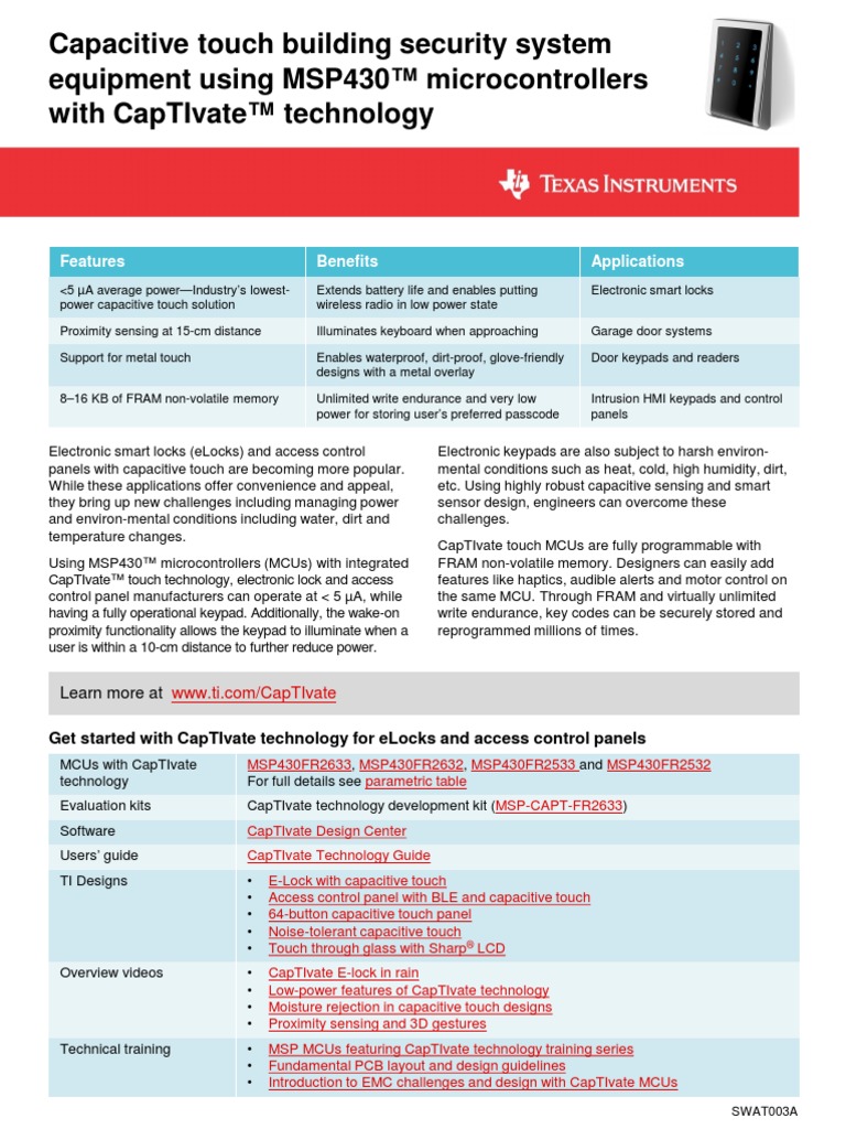 Capacitive Touch Building Security System Equipment Using Msp430™ Microcontrollers With ...