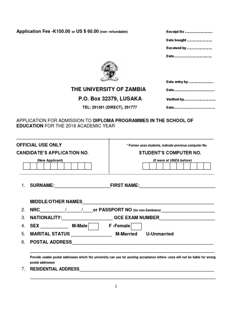 UNZA Application Form for 2025 Admission | PDF | University And College Admission | Diploma
