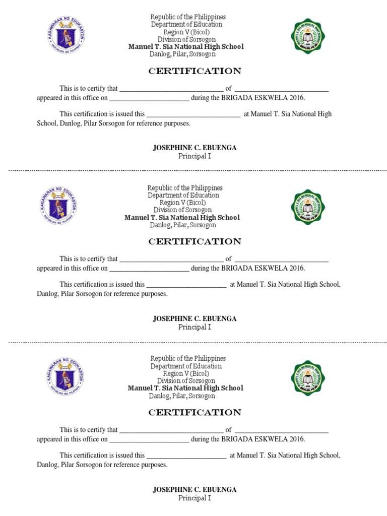 Certification of Participation in the 2016 Brigada Eskwela School Clean-Up Event | PDF ...