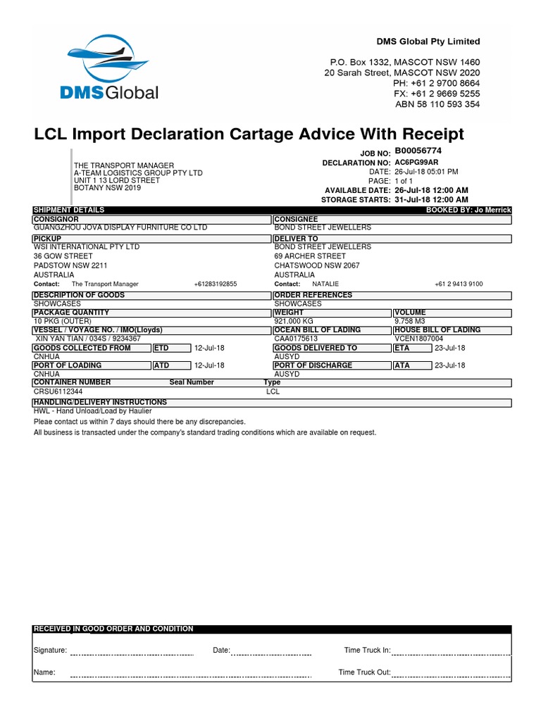 Declaration Cartage Advice With Receipt - B00056774 | PDF | Bill Of ...