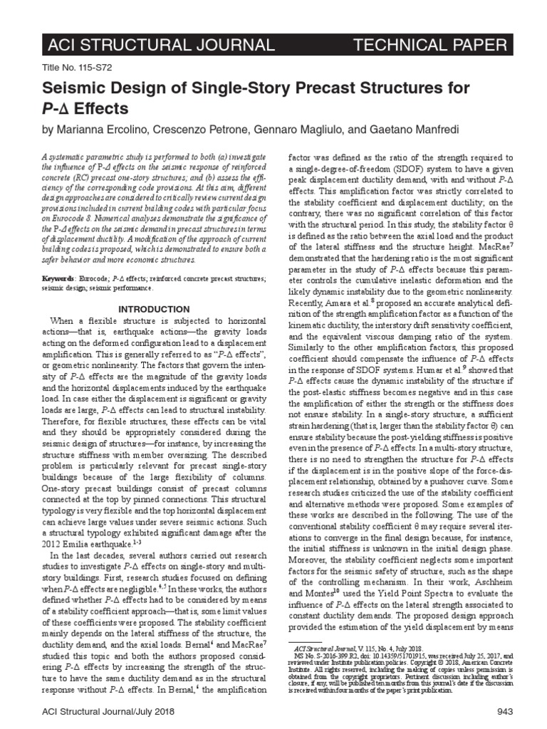 P-Δ Effects: Seismic Design of Single-Story Precast Structures for | Download Free PDF | Yield ...