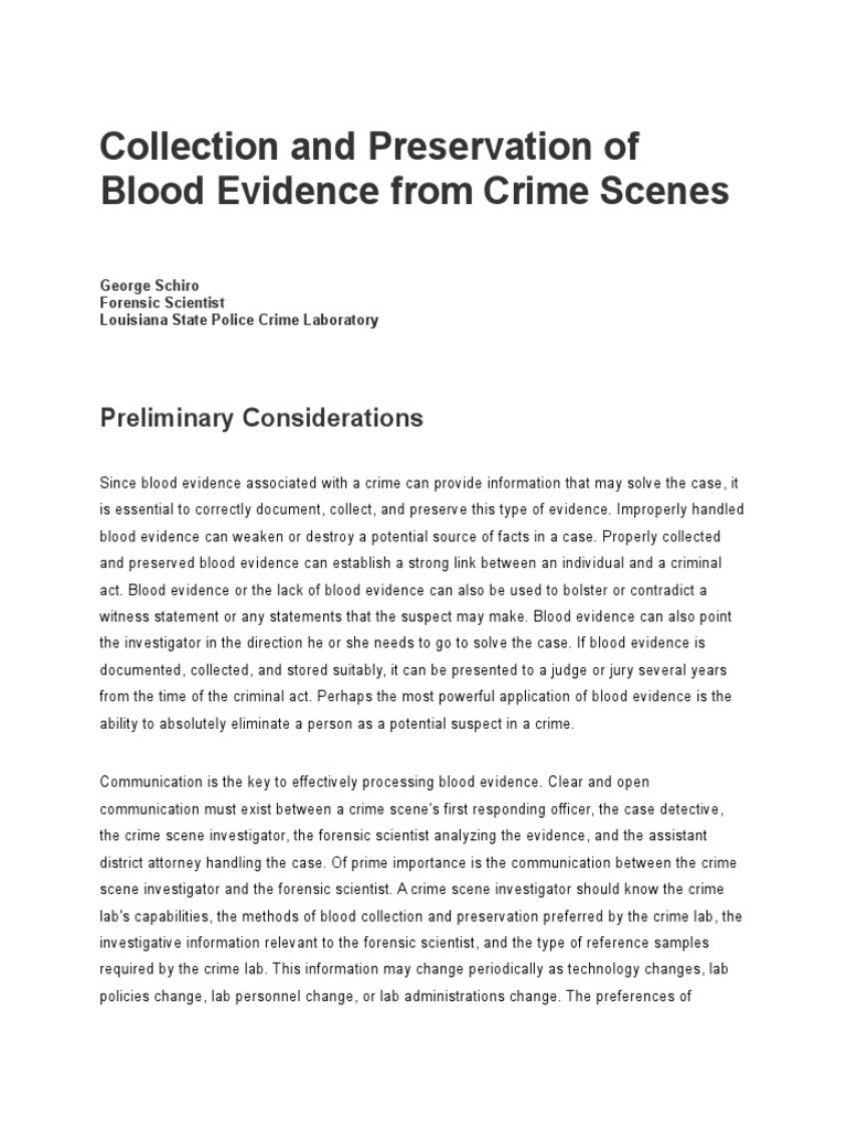 Blood Evidence Collection and Preservation | PDF | Crime Scene | Dna ...