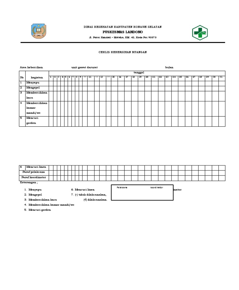 Ceklis Kebersihan Puskesmas Landono | PDF