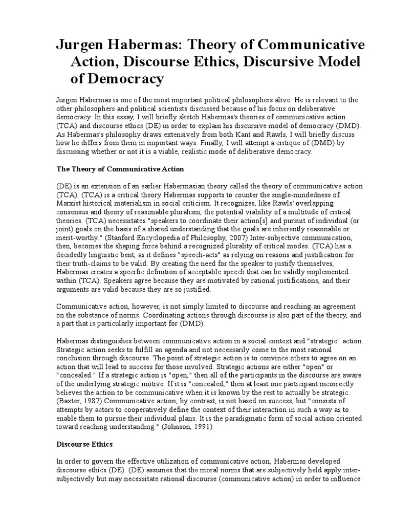Jurgen Habermas: Theory of Communicative Action, Discourse Ethics, Discursive Model of Democracy ...