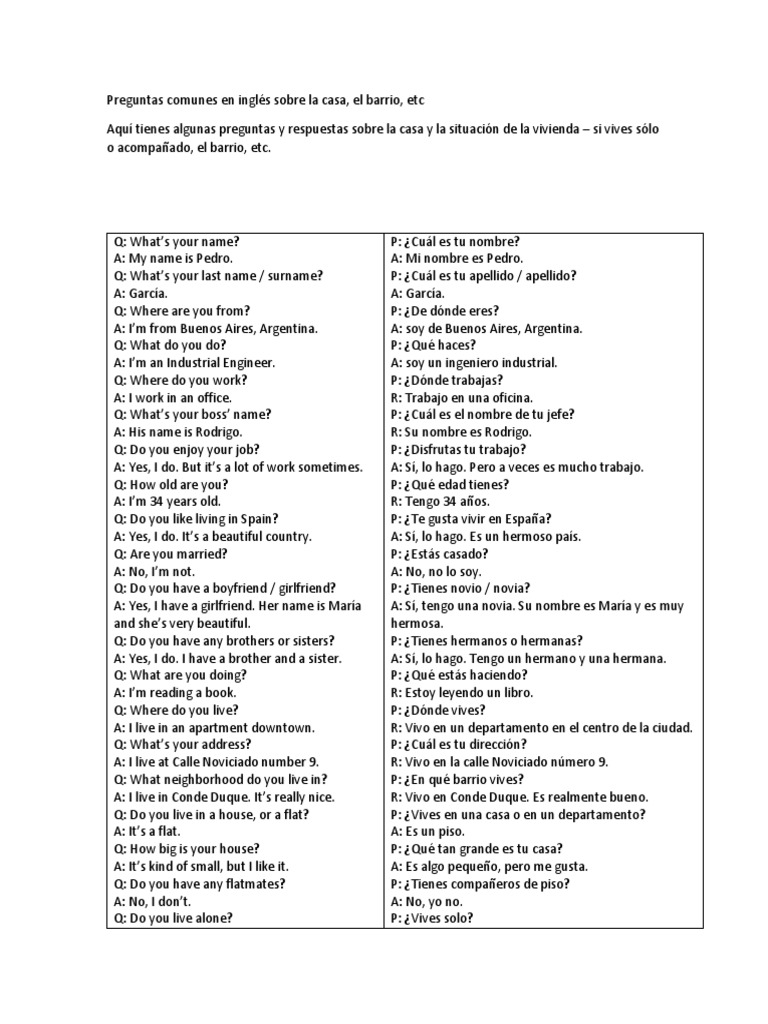 Preguntas Comunes en Inglés Sobre La Casa | PDF