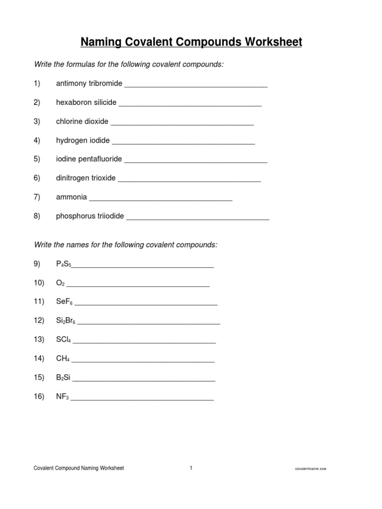 Covalent Compounds Naming Worksheet | PDF