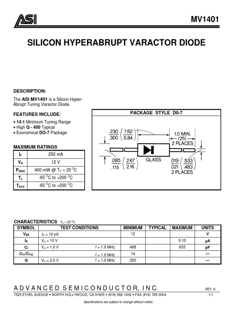 Silicon Hyperabrupt Varactor Diode MV1401 | PDF