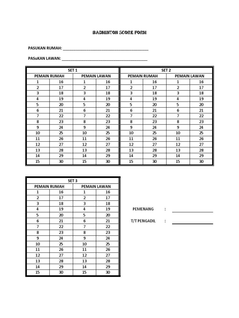 Badminton Match Score Sheet | PDF
