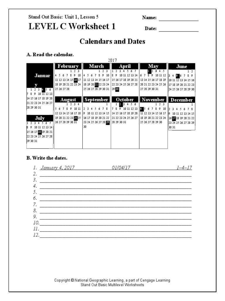 LEVEL C Worksheet 1: Calendars and Dates | PDF