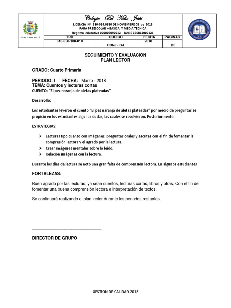 Plan Lector Cuarto de Primaria | PDF | Lectura (proceso) | Educación de ...