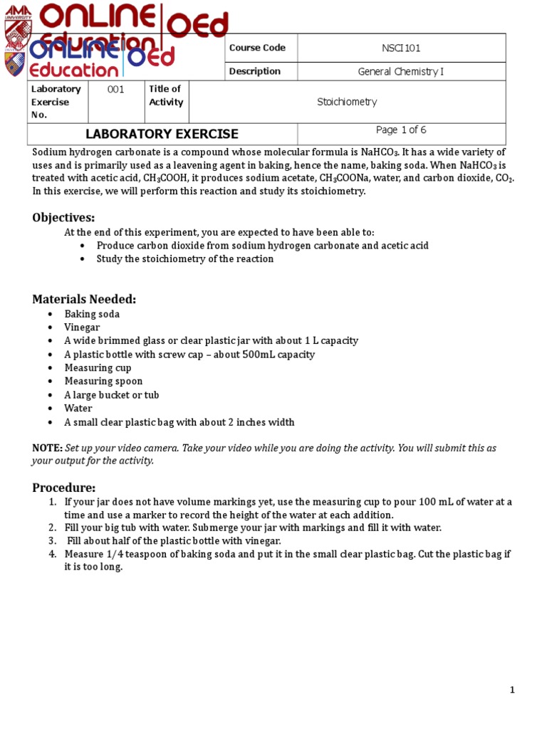 Week002 LaboratoryExercise001 Stoichiometry | PDF | Sodium Bicarbonate | Gases