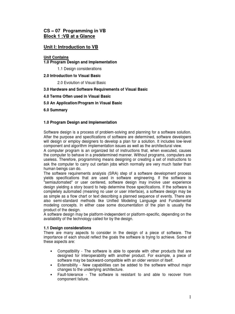 CS - 07 Programming in VB Block 1:VB at A Glance Unit I: Introduction To VB | PDF | Component ...