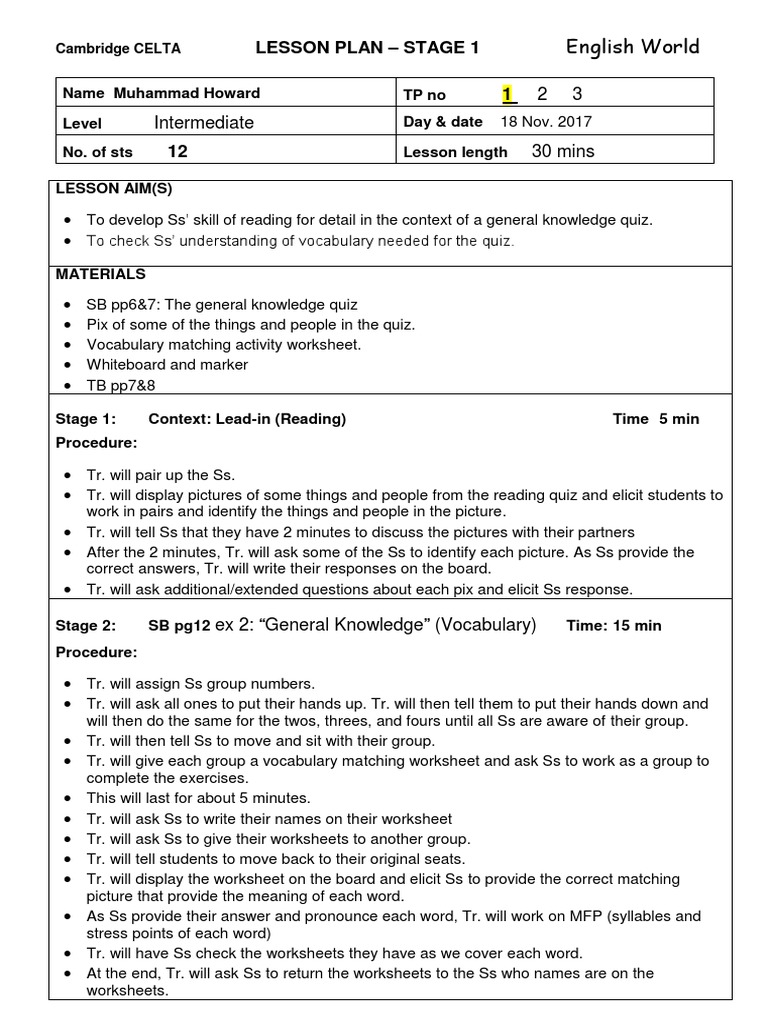 CELTA Lesson Plan TP 1 2017 | Quiz | Vocabulary