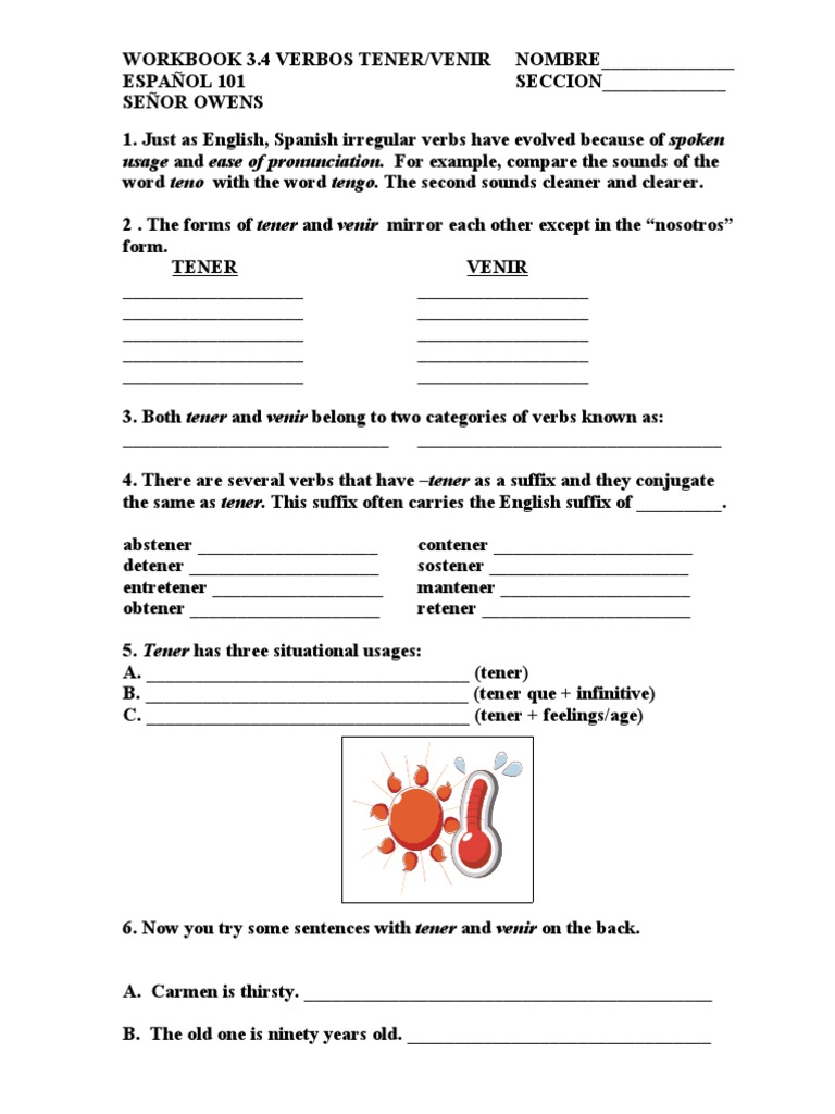 Workbook 3.4 Verbs Tener and Venir | PDF | English Language | Spanish ...