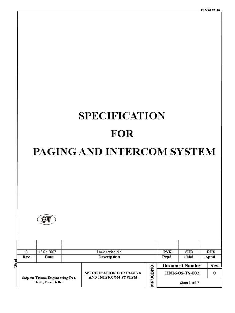 Specification For Paging and Interconnection System | PDF ...