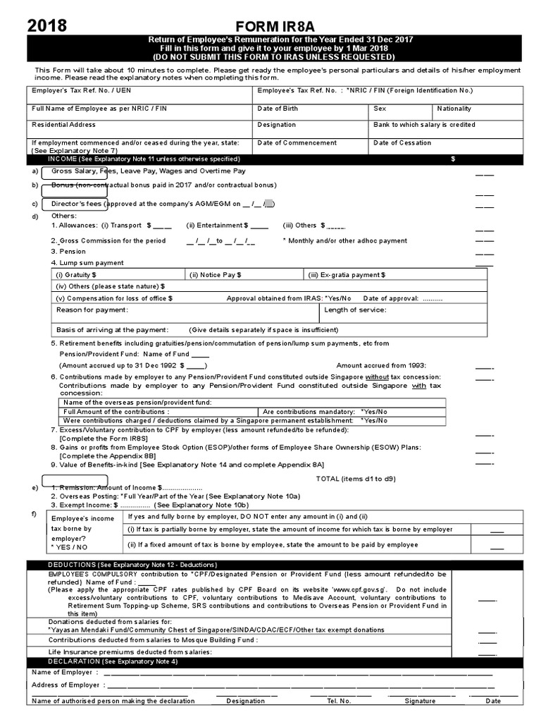 Form IR8A YA 2018 | PDF | Pension | Employment