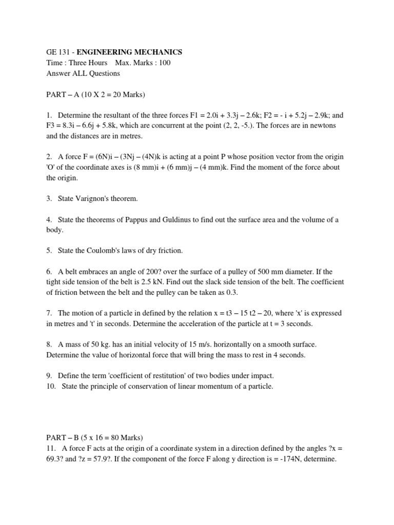 Engineering Mechanics Question Bank | PDF | Friction | Force