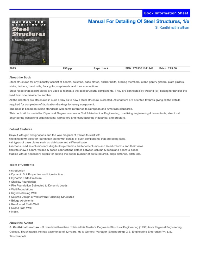 Manual For Detailing of Steel Structures, 1/e: Book Information Sheet ...