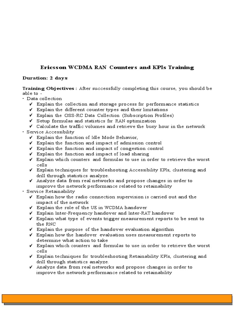 Ericsson WCDMA Counters and KPIs Training - V1 | PDF