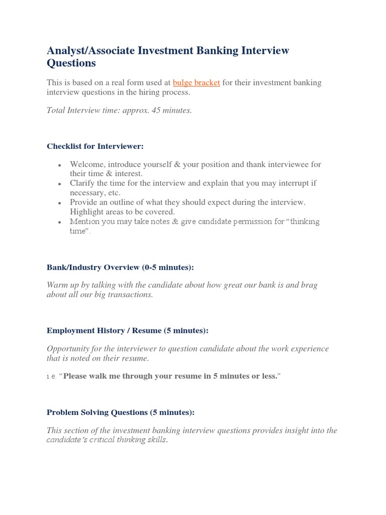 Analyst/Associate Investment Banking Interview Questions: Checklist For ...