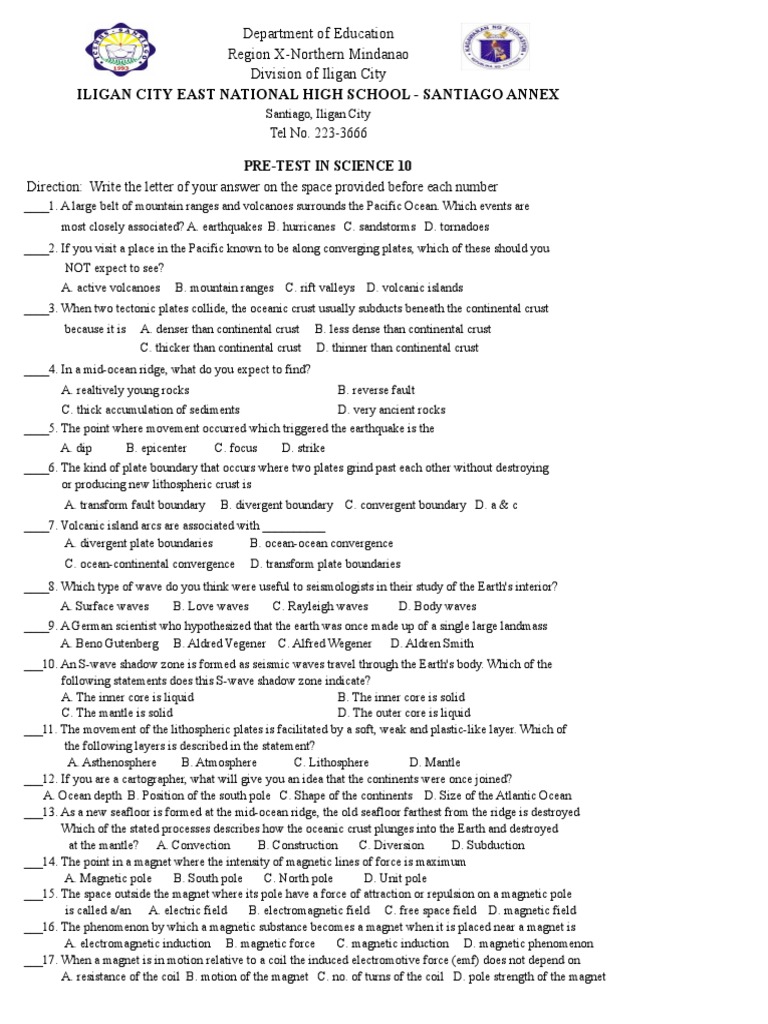 Pre Test Science g10 | PDF | Plate Tectonics | Electromagnetic Spectrum