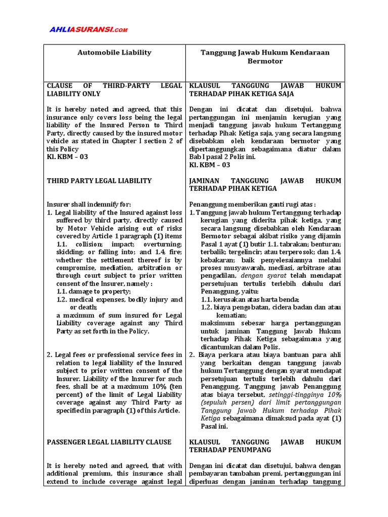 Automobile Liability Policy Wordings | PDF | Hukum