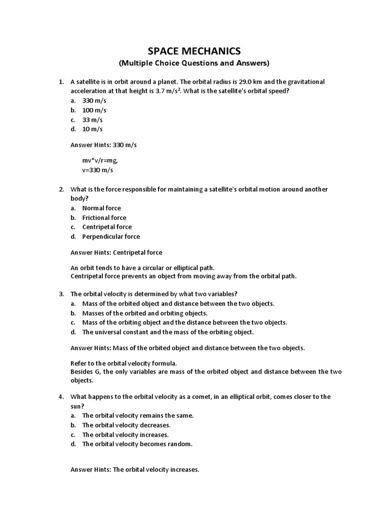Space Mechanics: (Multiple Choice Questions and Answers) | PDF | Orbit ...