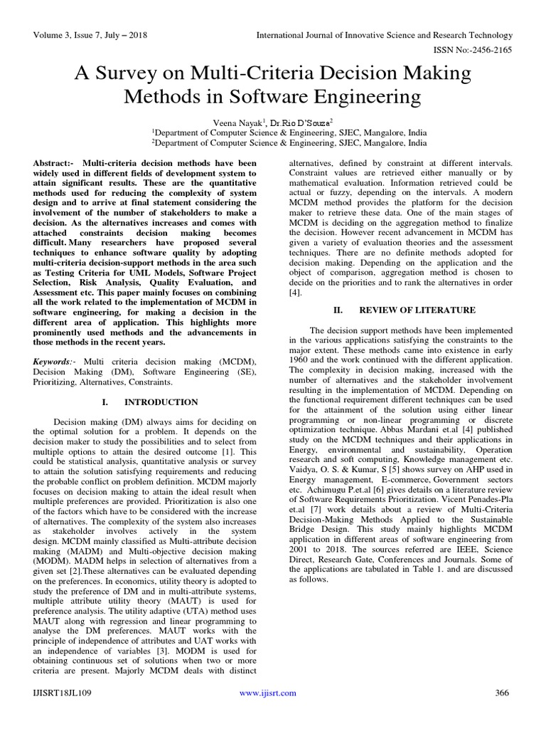 A Survey On Multi Criteria Decision Making Methods In Software Engineering Pdf Software