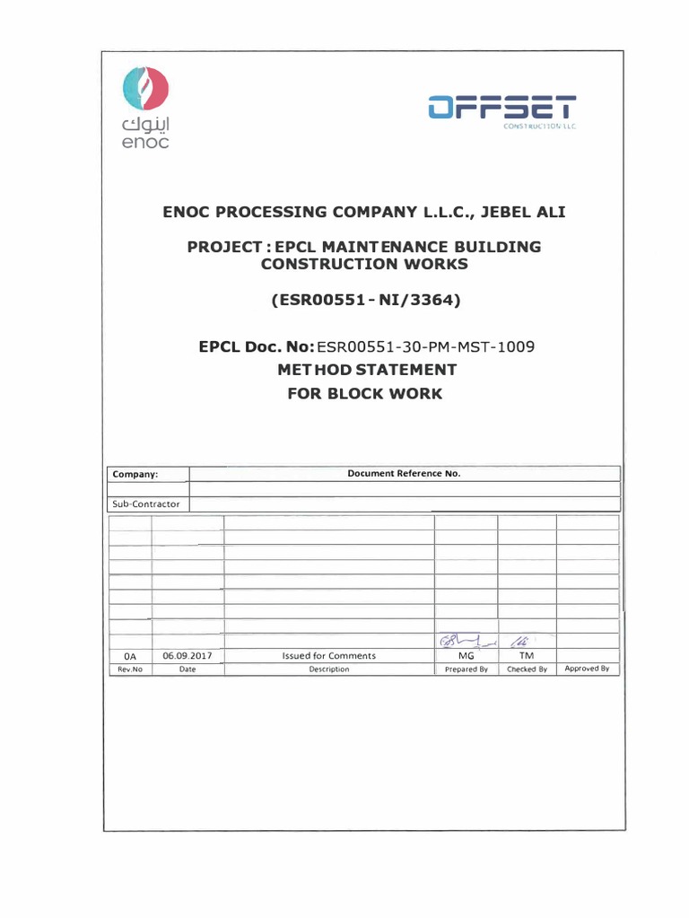ESR00551-30-PM-MST-1009 - 0A - 2 Method Statement For Block Work | PDF ...